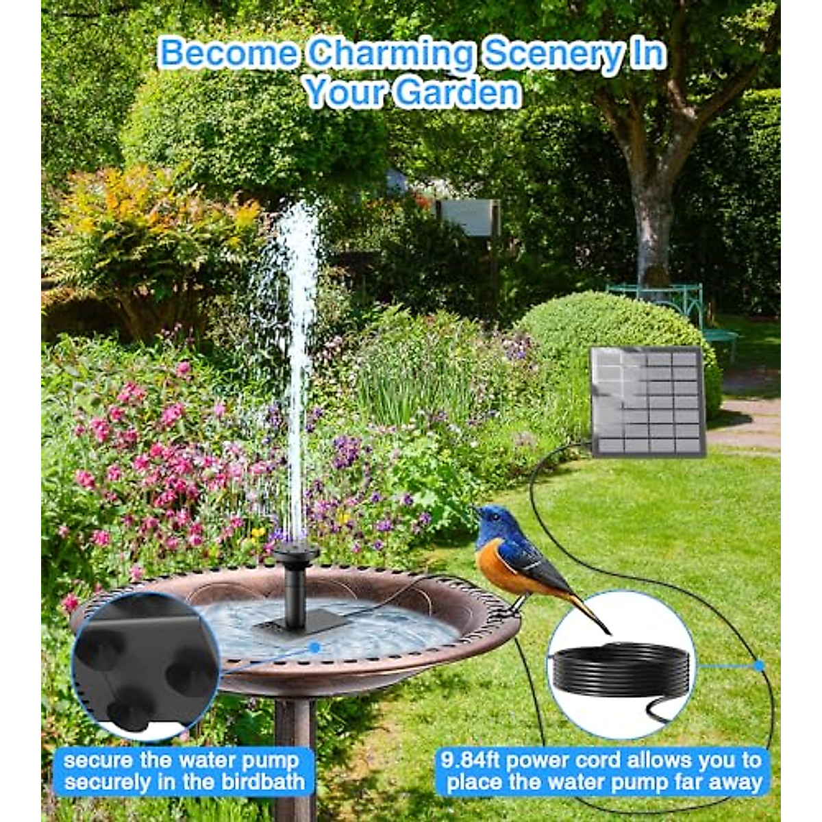 SZMP Solar Fountain 2024 Upgraded DIY Bird Bath Fountains, 1.8W Glass Panel Solar Fountain Pump with 8 Nozzles & 9.84ft Power Cord, Solar Bird Bath Fountain for Grass, Stakes, Garden, Pond (Black)