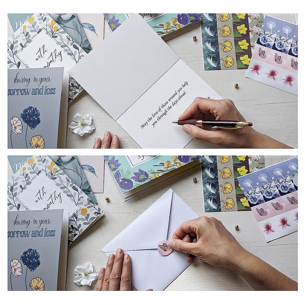 Sympathy Cards with Envelopes and Stickers, 30 Unique Designs with Messages Inside, Large 5x7 Inch Folded Condolence Cards, Thick Cardstock in a Sturdy Box