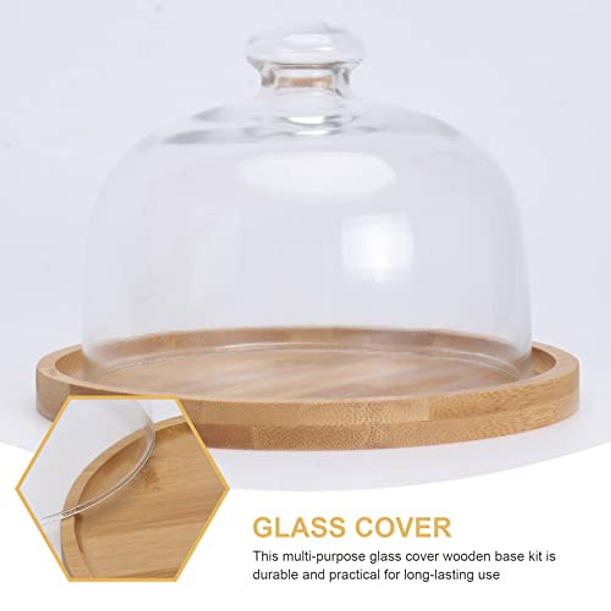 Cabilock Wood Cake Tray with Glass Dome Round Clear Cloche Dome Cake Plate Server Cake Display Cover Glass Cake Pan Cover Food Plate Lid for Cake Dessert Cheese Pastries 6. 5inch