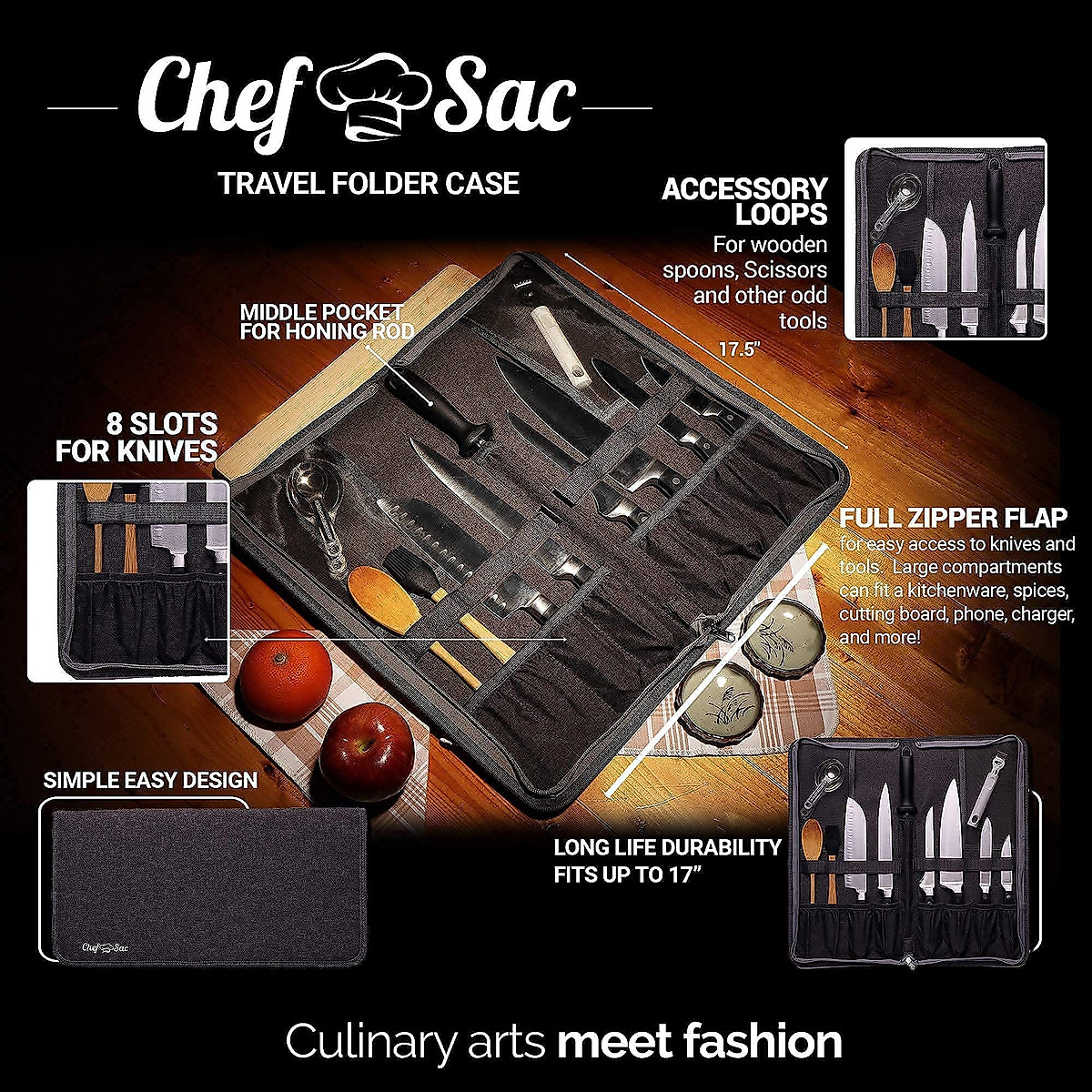Chef Sac Chef Knife Folder Case Organizer Bag with 2-Pack Knife Guards (8.5") Included