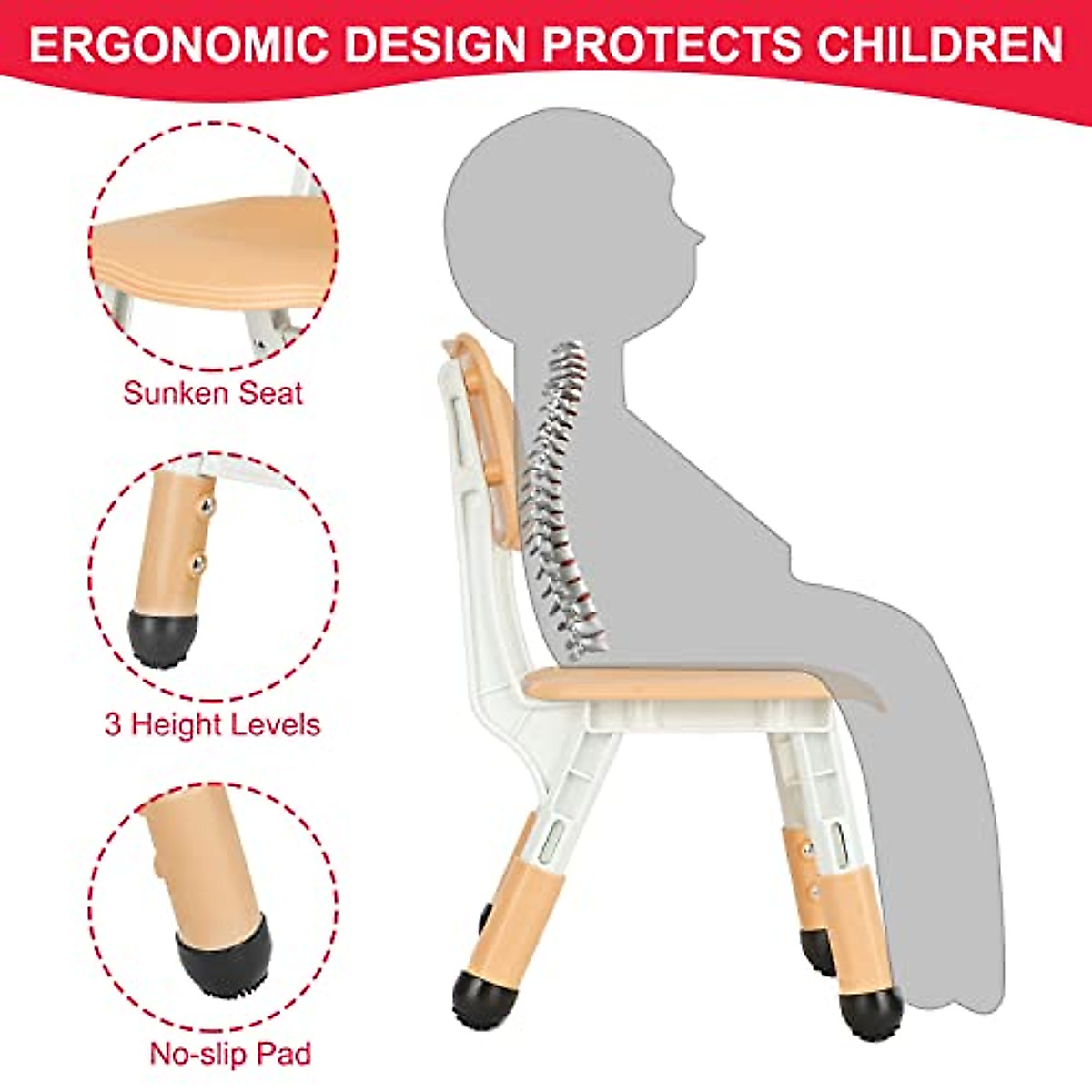 JIAOQIU Kids Chair Height Adjustable Toddler Chair Max Load 220LBS Plastic Indoor Outdoor Chair School Home Daycare Use Red