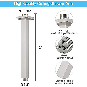 SunCleanse Rainfall Shower System Brushed Nickel Ceiling Mounted Shower System Combo Set with High Pressure 12 Inches Square Rain Shower Head Handheld and Shower Faucet Rough-in Mixer Valve and Trim