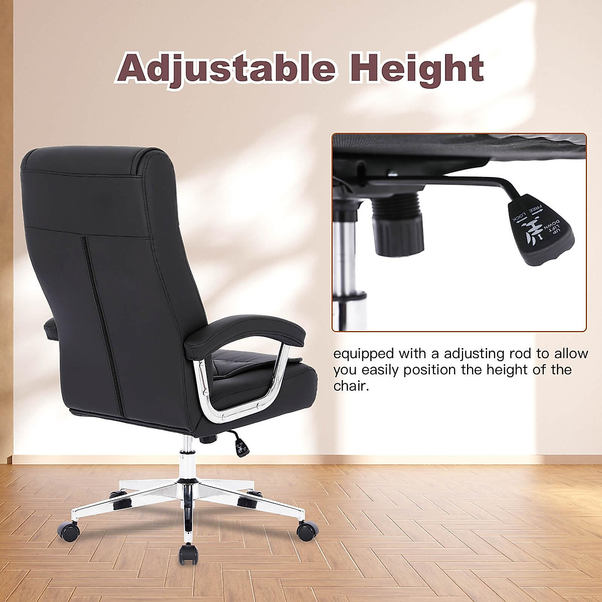 Hoxne Leather Executive Office Chair with Arms and Wheels, High Back Ergonomic Computer Desk ChairAdjustable Height Swivel Office Desk Chair, 350LBS Capacity (Black)