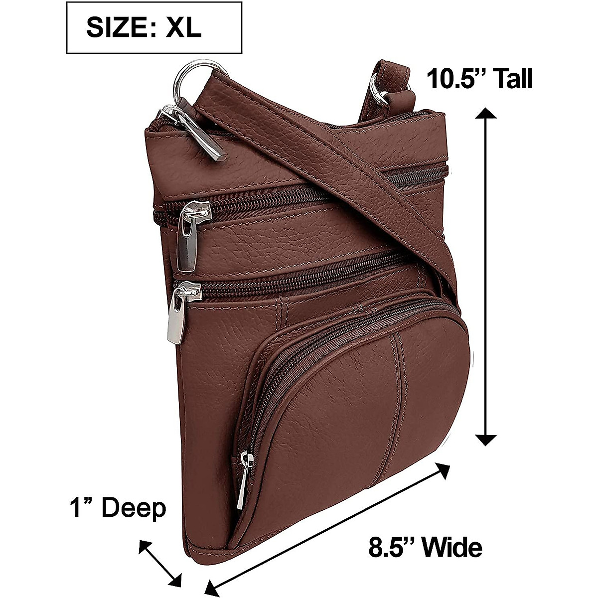 Roma Leathers Genuine X-Large Crossbody Purse, Multi-Pocket, Adjustable Strap, XL, Brown
