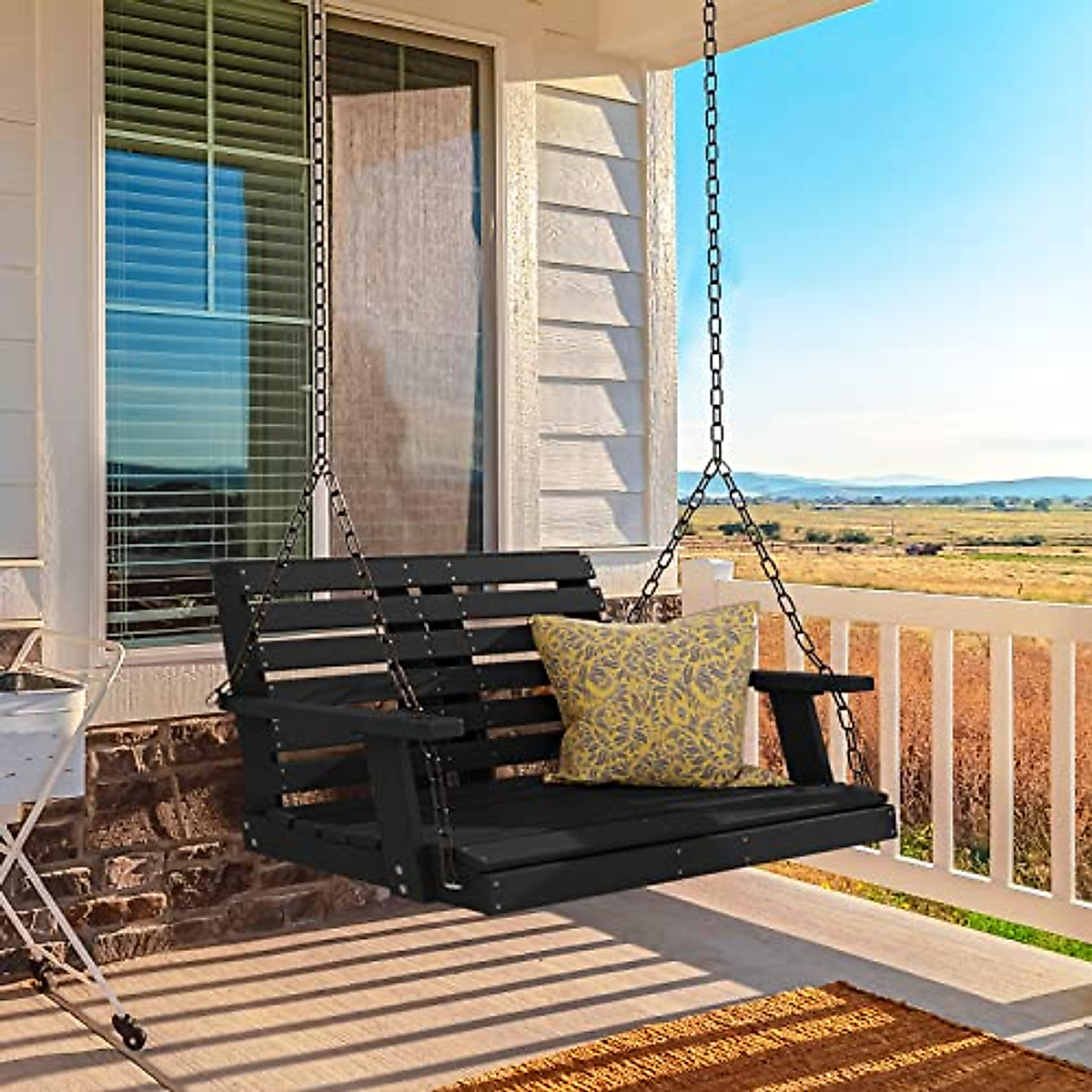 KINGYES Outdoor Hanging Porch Swing, 2 Seat Patio Swing Chair with Cup Holders, Waterproof Swing Chair Bench for Courtyard & Garden, 660LBS Weight Capacity, Black