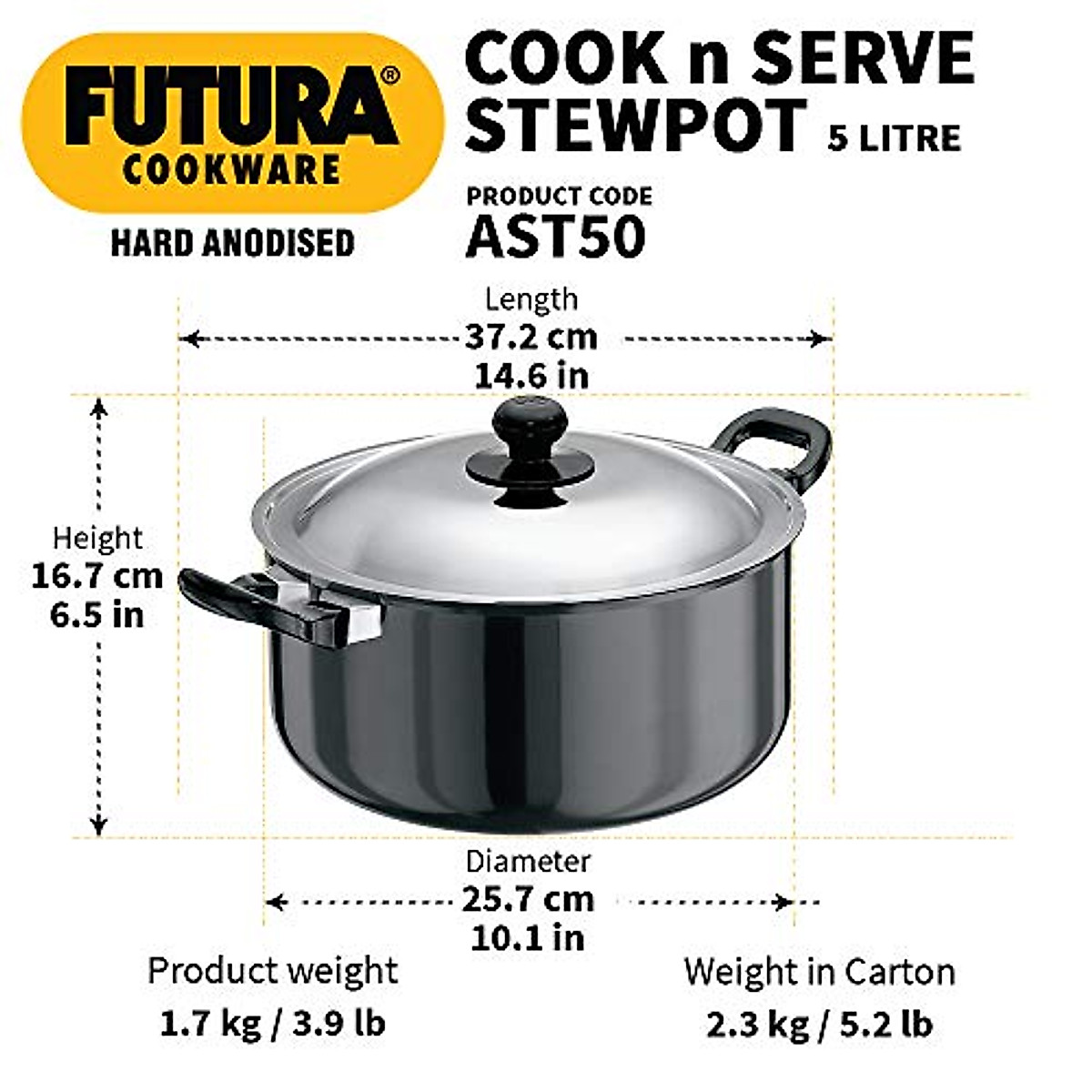 Futura Hard Anodised Stewpot, 5 LITER, Black