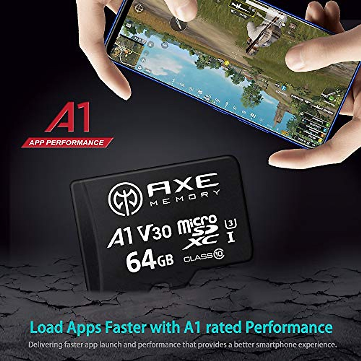 AXE MEMORY 64GB microSDXC Memory Card + SD Adapter with A1 App Performance, V30 UHS-I U3 4K