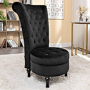 Container Furniture Direct Royal High-Back Velvet Accent Chair for Vanity with Storage and Luxurious Upholstery, Retro Design and Versatile Usage for Living Room, Bedroom, Lounge and Office, Black