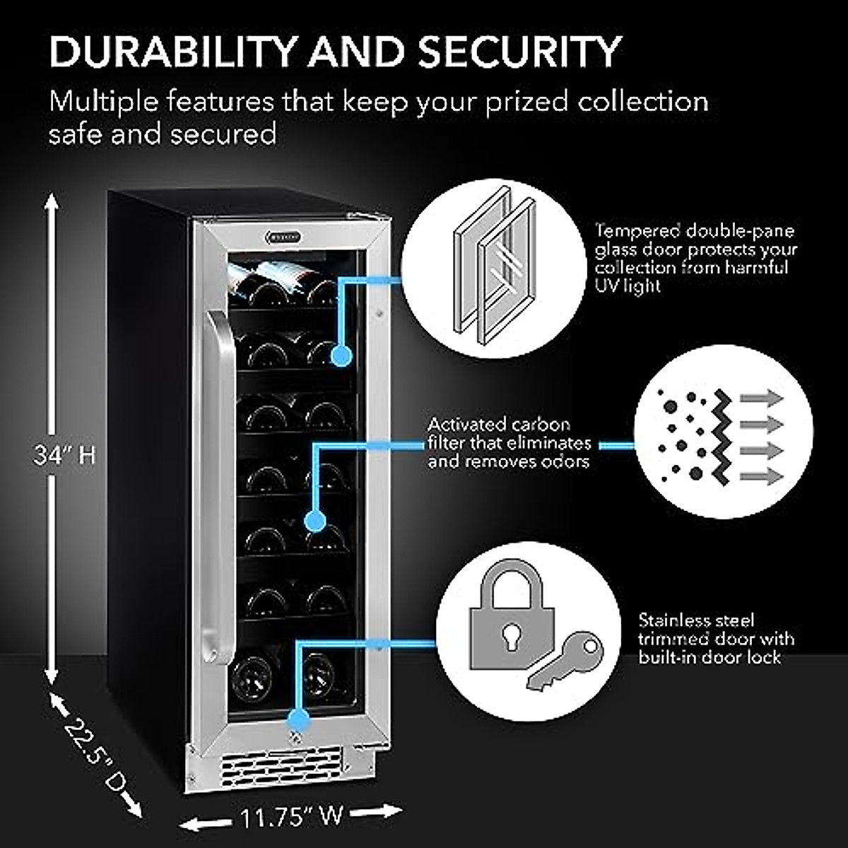 Whynter BWR-208SB Stainless Steel 12 inch Built Undercounter Wine Refrigerator with Reversible Door, Digital Control and Lock, 20-Bottle