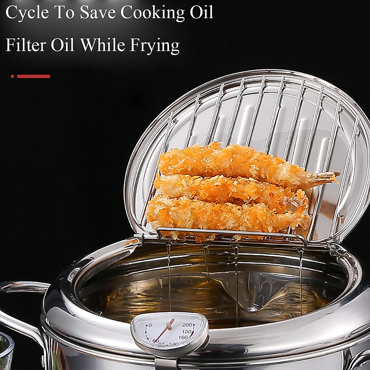 Deep Fryer Pot 304 Stainless Steel Japanese Frying Pot 3.4L/9.4 Inch Tempura Frying Pot with Lid, with Temperature Control Oil Drip Drainer Rack for Fried Chicken, Shrimp, French Chips dip