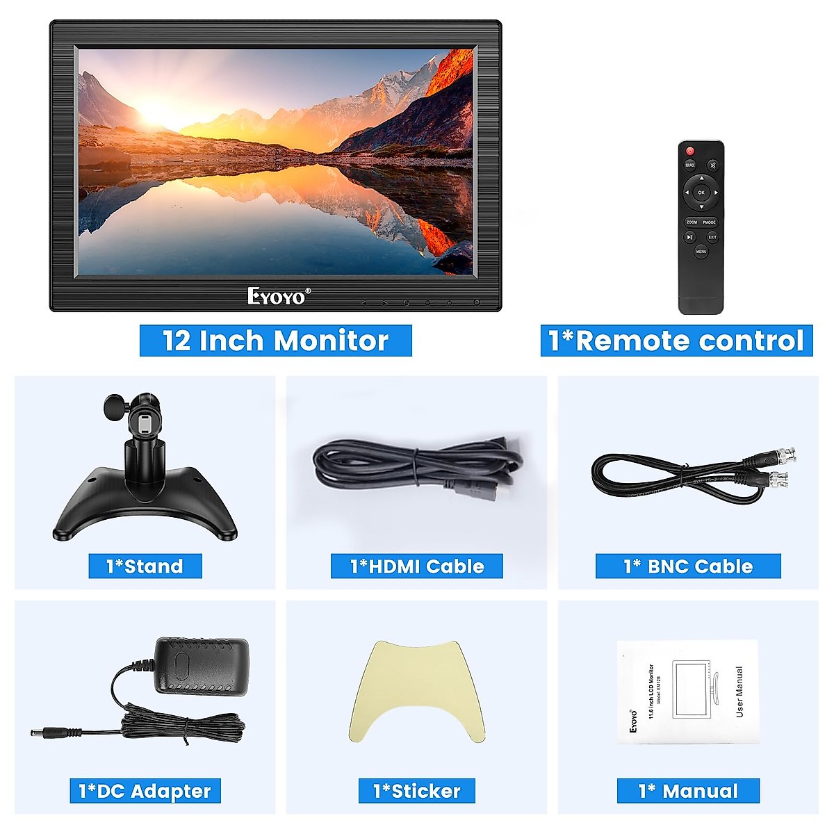 Eyoyo 12" Inch TFT LCD Monitor with AV HDMI BNC VGA Input 1366x768 Portable Mini HD Color Screen Display with Built-in Speaker
