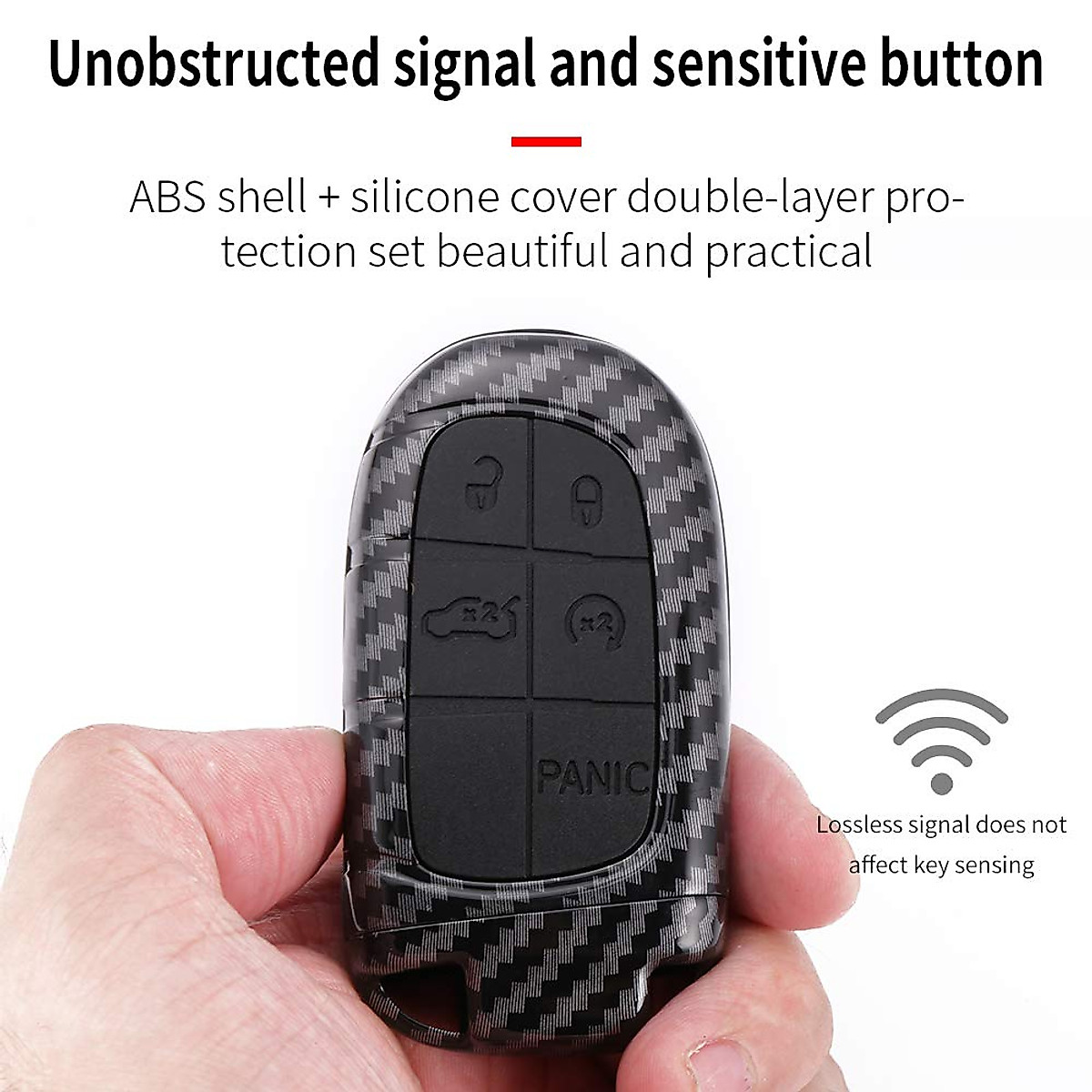 WFMJ Black Carbon Fiber + Silicone Button Smart Remote 5 Buttons Key Fob Cover Case Shell Fob for Jeep Grand Cherokee Dodge Challenger Charger Dart Durango Journey Chrysler 300