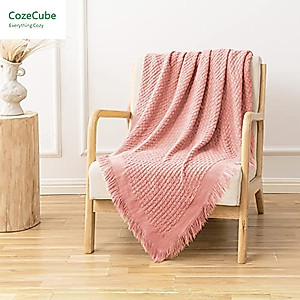 CozeCube Boho Throw Blanket for Couch, Mauve Throw Blanket, Basket Weave Waffle Throw Blanket, Farmhouse Lightweight Throw Blanket with Fringe, Blush Pink, 50'' x 60''
