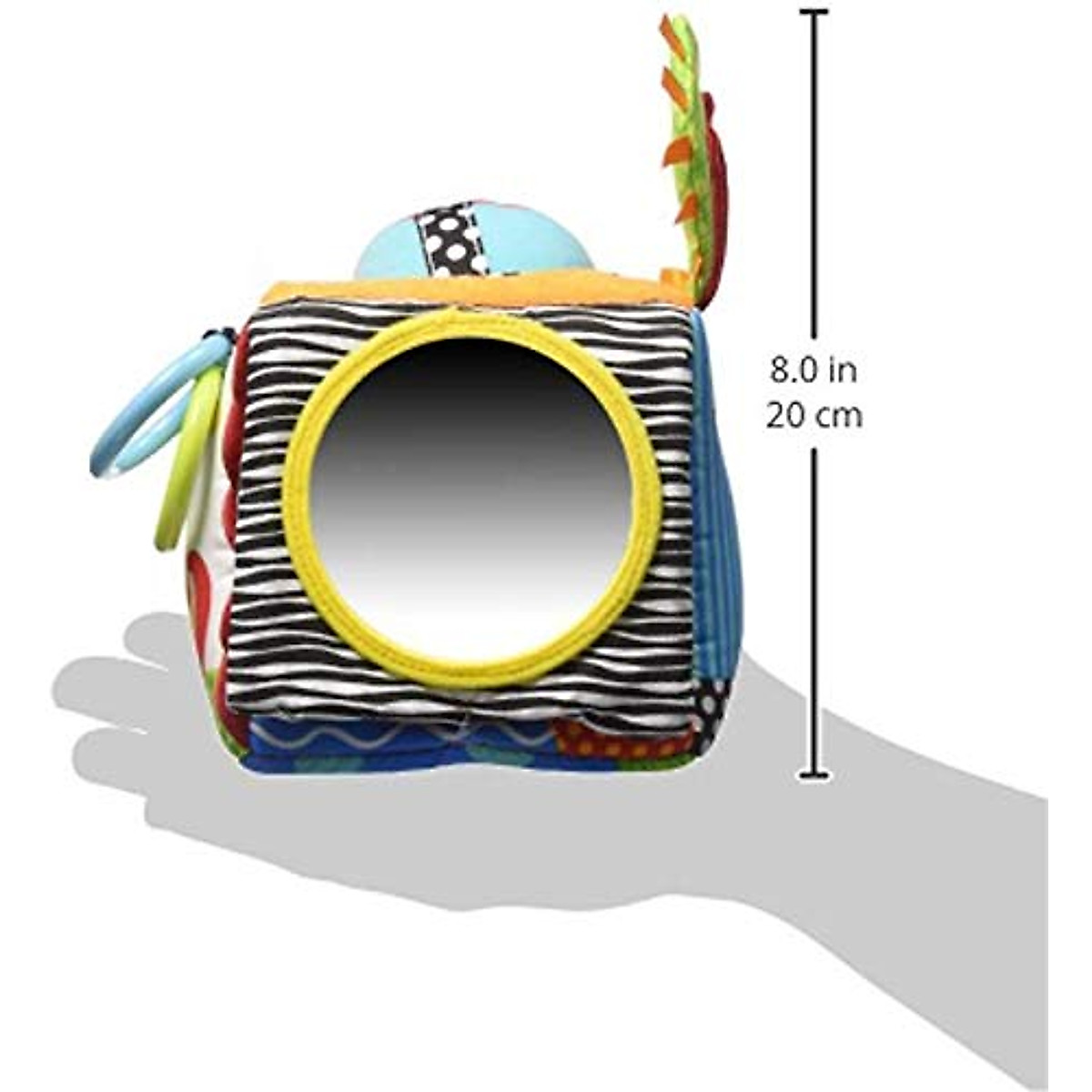 Infantino Peek & Seek Discovery Cube - Soft Development Toy, Peek-A-Boo Mirror, Clacker Rings, Crinkle & Rattle Sounds - Sensory Play, Ages 3 Months +