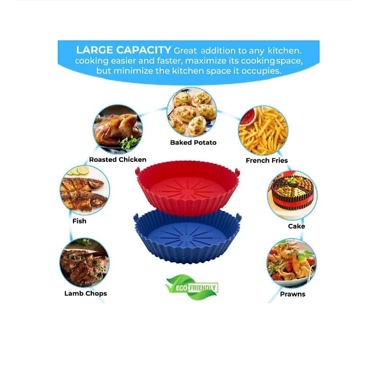 6.7 inch reusable silicone air fryer baskets; heat-resistant simple to clean. Silicone Pot for Air Fryer Oven Accessories, (Blue + Red)