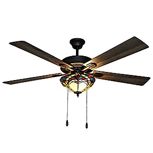 RIVER OF GOODS Tiffany-Style Stained Glass Ceiling Fan - 52" L x 52" W - Distressed Light and Dark Brown Fan Blades