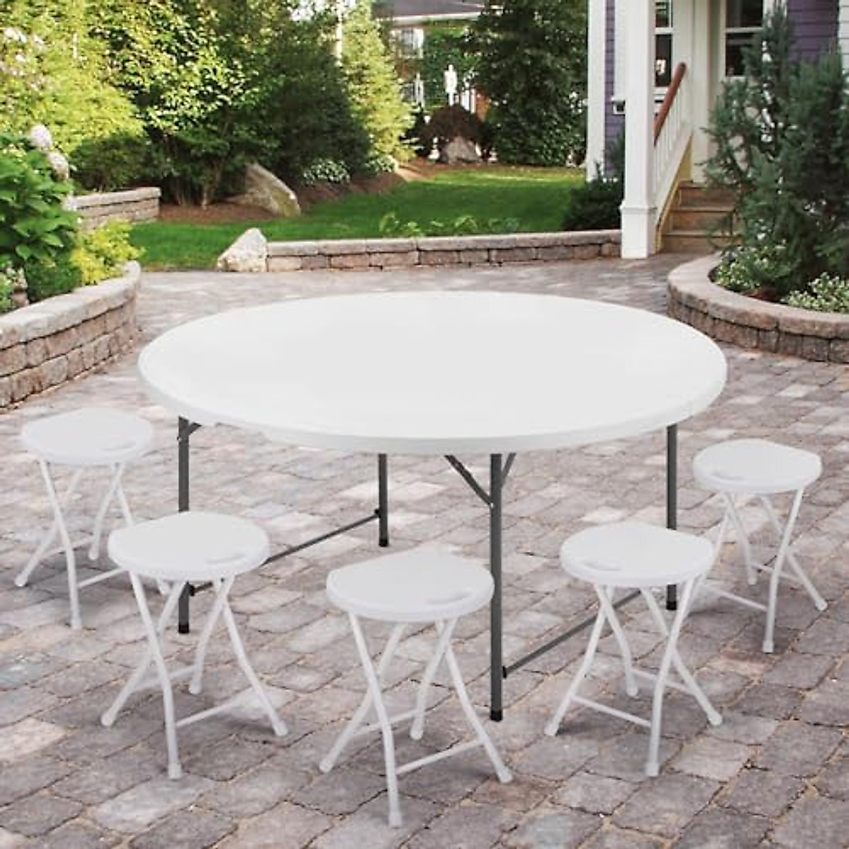MoNiBloom 5Ft Round Folding Table, Indoor Outdoor Plastic Dining Card Table with Handle and Lock for Picnic Party Banquet Wedding, White Toptable Gray Legs