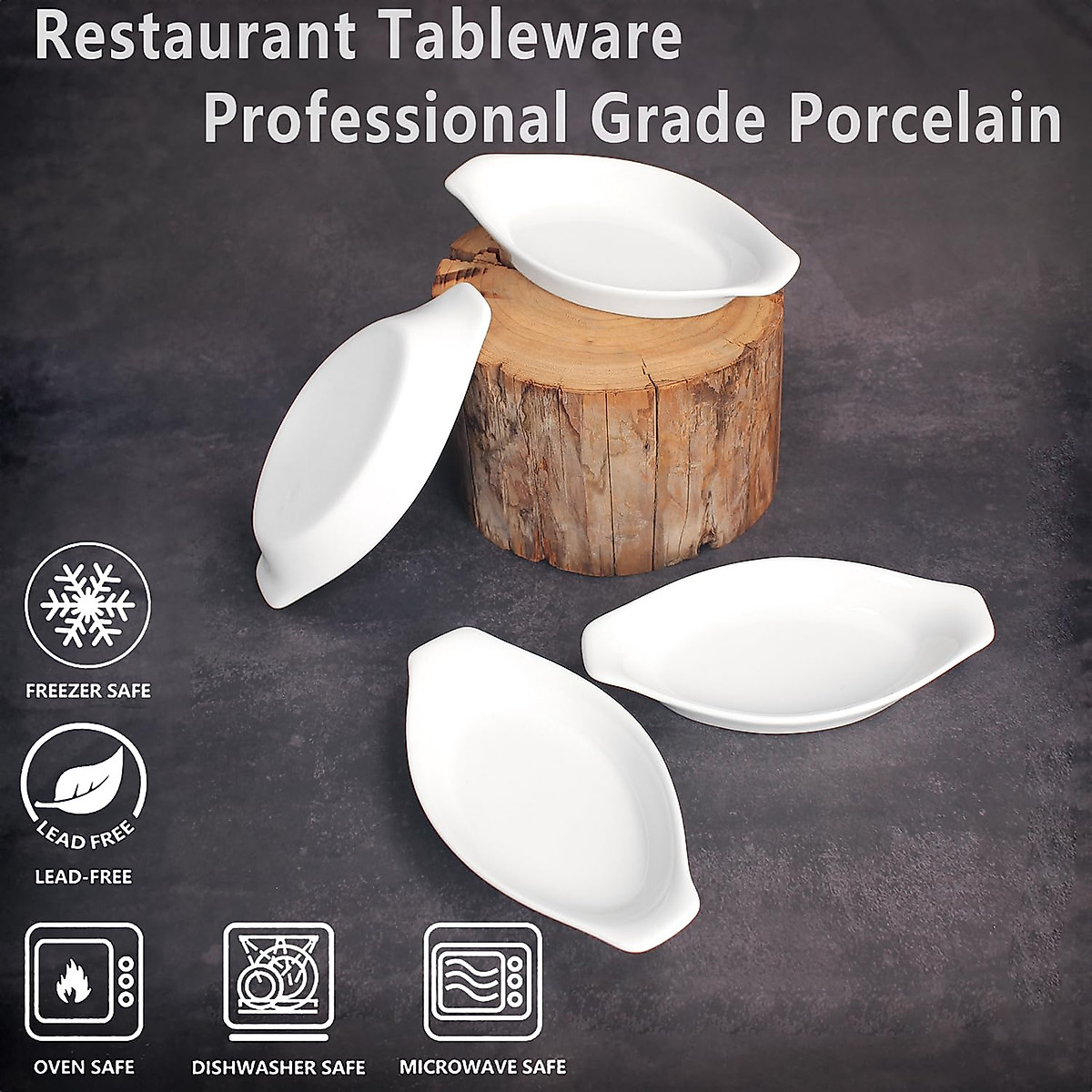 jinsongdafa Ceramic Oval Au Gratin Baking Dishes 7 oz, Set of 4 Banana Split Bowls, Oven and Microwave Safe, for 1 person servings, Bakeware with Double Handle for Kitchen and Home,8.3 Inch