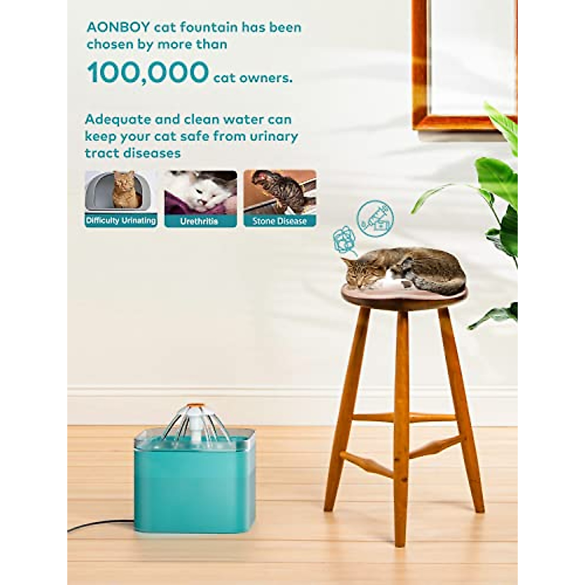 AONBOY Cat Water Fountain, Ultra Silent Cat Fountain 67oz/2L, with LED Light, Activated Carbon Filter, Pet Water Fountain for Cats and Small Dogs