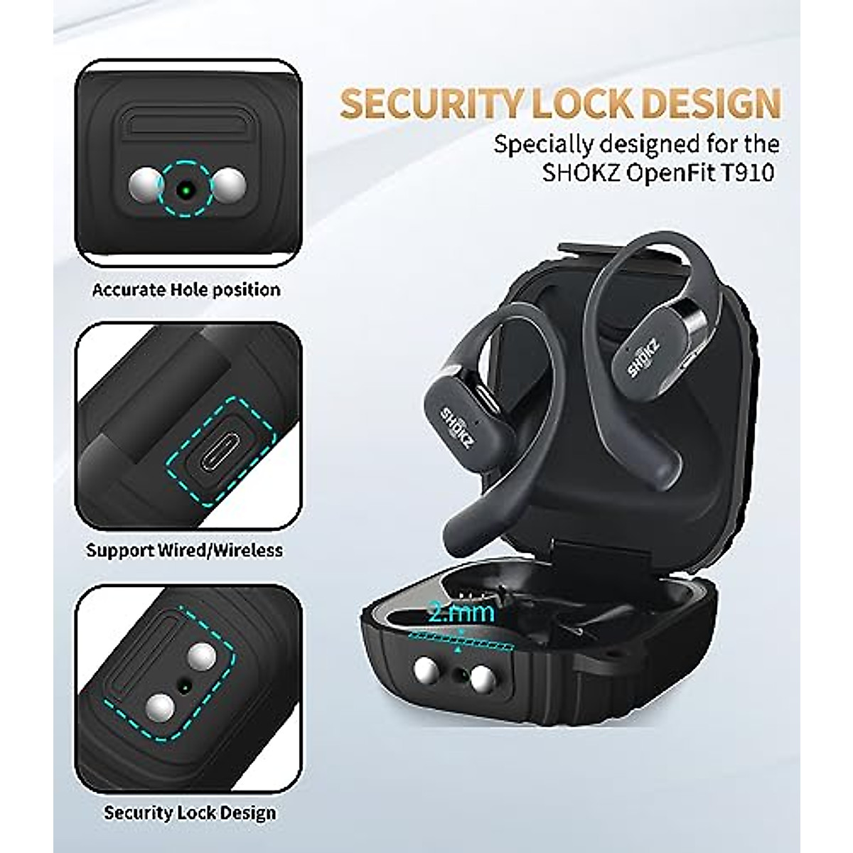 [Newest Secure Lock] Alquar for SHOKZ OpenFit T910 Case Cover, Silicone Protective Scratch Shock Resistant Cover ONLY Compatible with SHOKZ OpenFit T910 Earbuds Charging Case with Carabiner(Black)