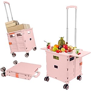 Foldable Utility Cart Collapsible Portable Tool Cart with Wheels Tote Basket,176LBS Load Capacity,Magnetic Lid Telescopic Cover with 360° Wheels Telescoping Handle for Grocery Laundry Luggage,Pink
