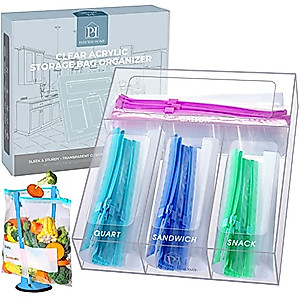 Clear Storage Bag Organizer For Drawer or Wall with Baggy Rack Holder, Plastic Bag Holder, Acrylic Plastic Bag Organizer for Slider Quart Bags, Sandwich Bag Organizer and Compatible with Ziplock Bags