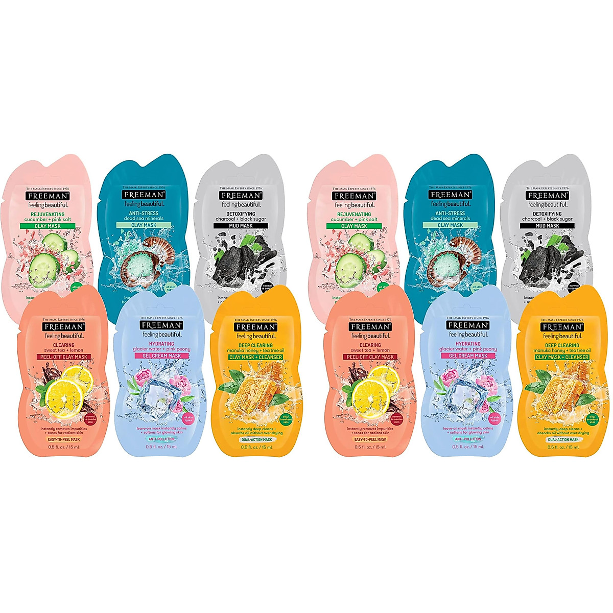 FREEMAN Facial Mask Variety Pack: Oil Absorbing and Anti Stress Clay, Detoxifying Charcoal Mud, Clearing Peel Off, Hydrating Gel Cream Beauty Face Masks, 6 count