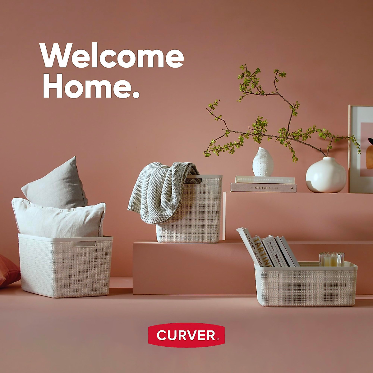 Curver Jute Decorative Plastic Slim Organization and Storage Laundry Room Basket Perfect Bins for Home Office, Closet Shelves, Kitchen Pantry, Bedroom Decor and Bathroom Accessories, Set of 8, Black