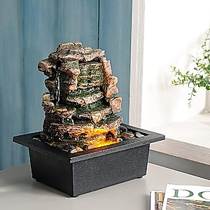 GOSSI Home Décor Waterfall Meditation Fountain Indoor Tabletop Many Natural River Rocks Decorated Office Home Table Fountion with LED Lights (22103)