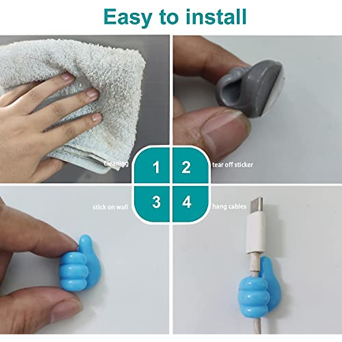 MYPLAISIR Key Hooks for Wall, 24Pack Adhesive Cable Clips, Desk Cable Management Clips Desk Cable Organizer Thumbs up Wall Hooks for Hanging Computer Cable Management Kit Multicolour Mixed