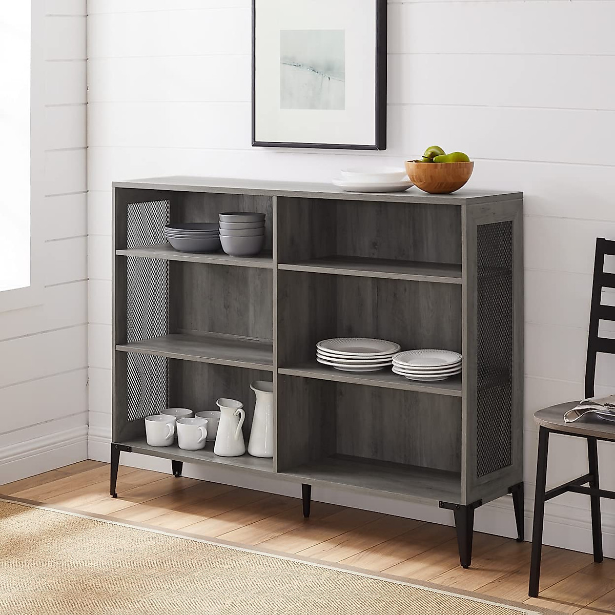 Walker Edison 2 Tier Industrial Wood and Metal Mesh Bookcase Bookshelf Storage Home Office Storage Cabinet, 52 Inch, Grey Wash