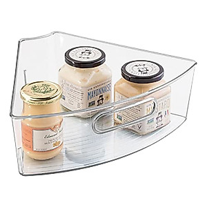 mDesign Kitchen Cabinet Plastic Lazy Susan Storage Organizer Bins with Front Handle - Large Pie-Shaped 1/6 Wedge - Ligne Collection - Clear