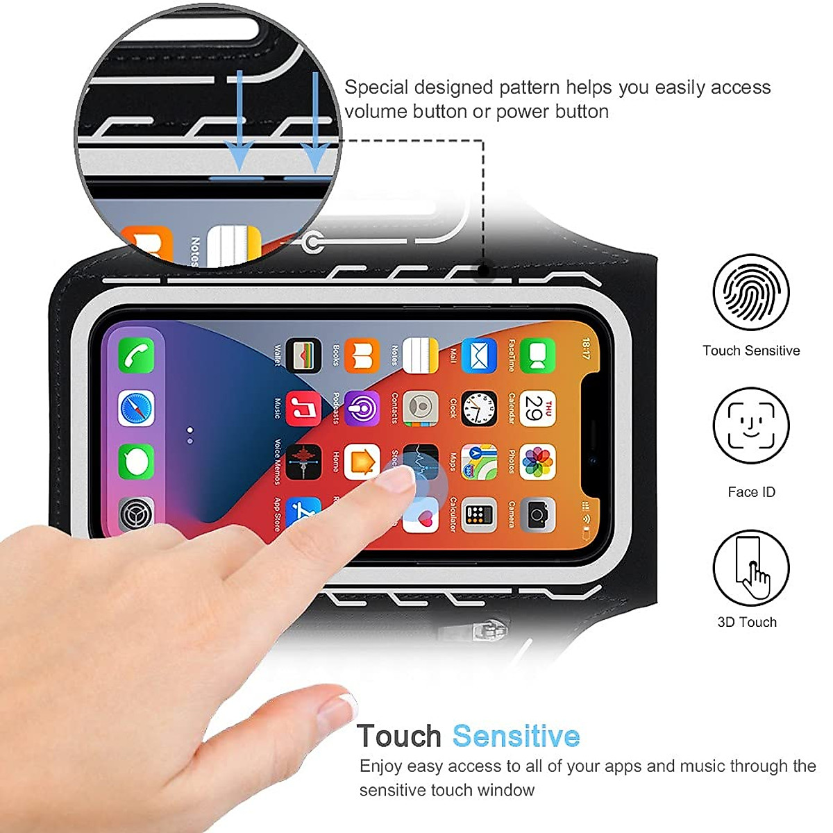 JEMACHE Running Armband for iPhone 15 14 13 12 11 Pro, Samsung Galaxy S24 S23 S22 S21, Gym Workouts Arm Band with Airpods Holder (Black)