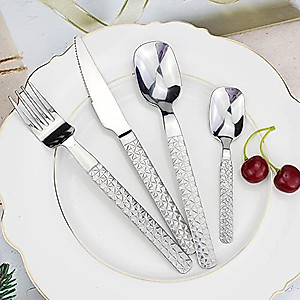 Silverware Set Flatware Cutlery Geometric Hammered Stainless Steel Kitchen Utensils Tableware，Mirror Finished，Service with Steak Knives Dinner Fork Knife Spoon