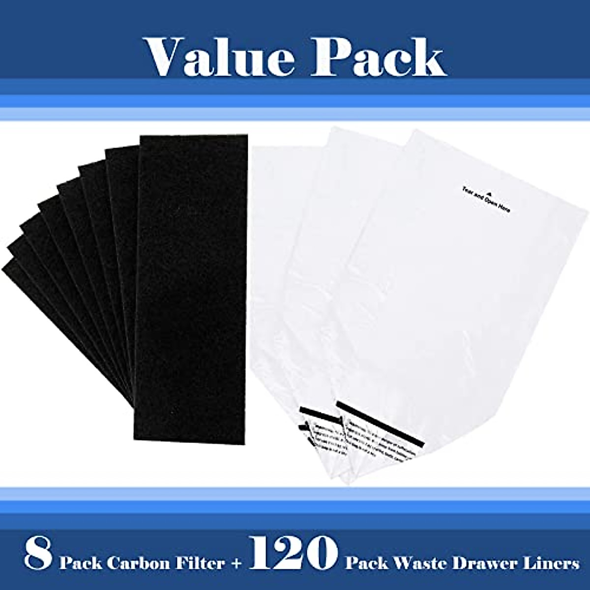 120 Pack Waste Drawer Liners Compatible with All Litter Box Robot Models, 9-11 Gallons Litter Box Liners, Plus 8 Pack Activated Charcoal Filters