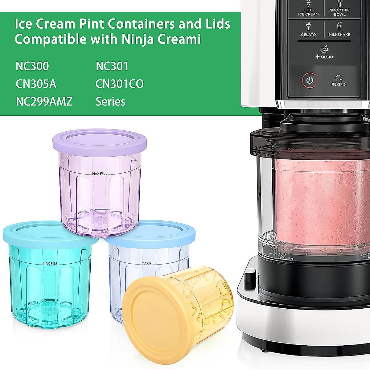 FENKOA Containers Replacement Ice Creami Pints and Lids, 16oz Containers Compatible with Ninja NC301 NC300 NC299AMZ Series Ice Cream Maker - BPA Free - Dishwasher Safe (Green,Blue,Purple,Yellow)
