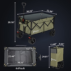 Sekey 220L Collapsible Foldable Wagon with 330lbs Weight Capacity, Heavy Duty Folding Utility Garden Cart with Big All-Terrain Beach Wheels & Drink Holders. Khaki