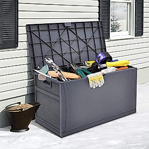 Cemeon 120 Gallon Outdoor Large Deck Storage Box, Resin Wicker Patio Storage Container for Patio Cushions, Gardening Tools and Toys (Dark Gray)