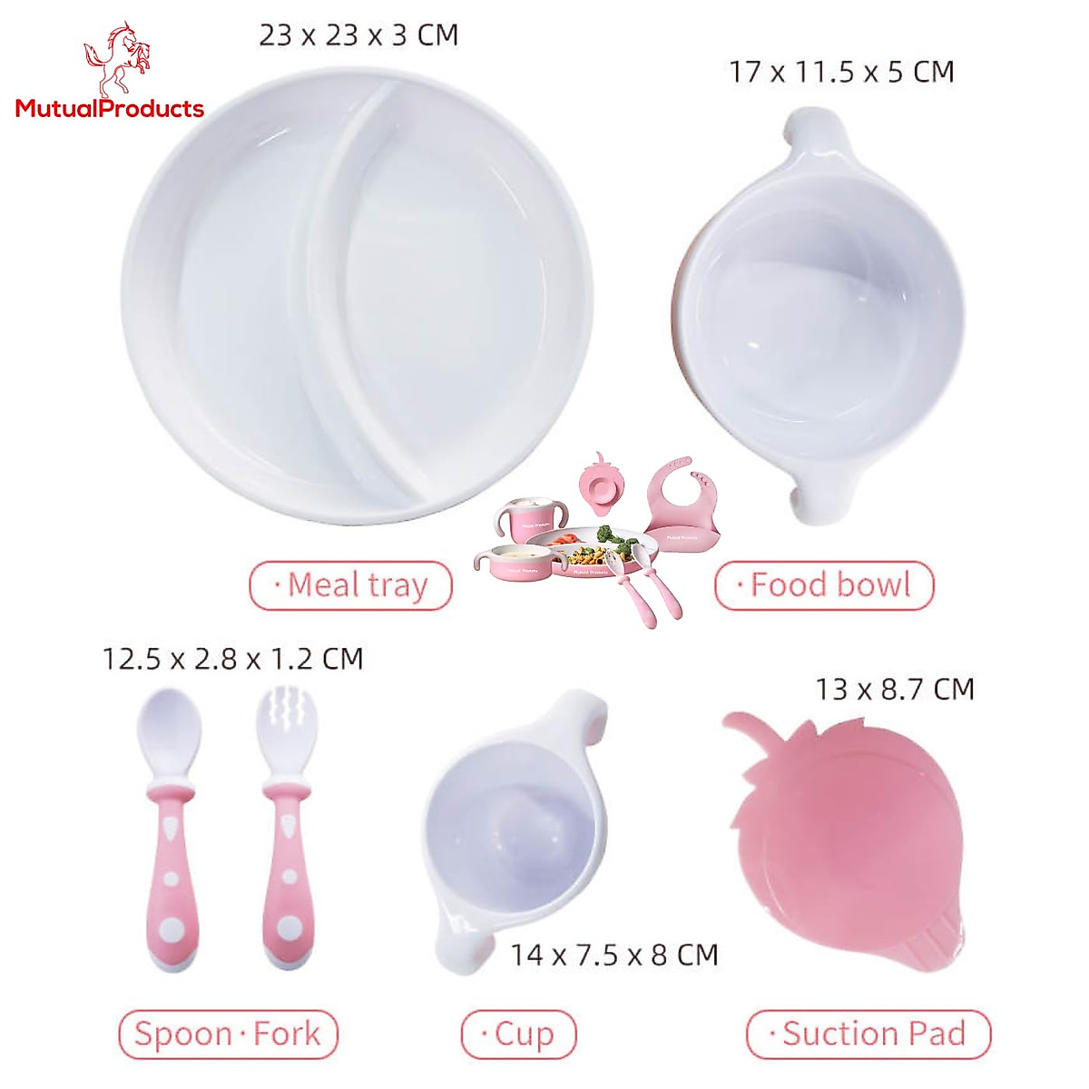 mutualproducts - Baby Feeding Set 7-Piece | Baby Led Weaning Utensils Set Includes Suction Bowl and Plate, Baby Spoon and Fork, Sippy Cup | Baby Feeding Supplies Set (Pink-White)