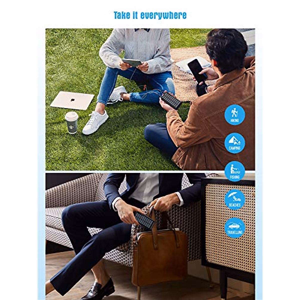 MINRISE Portable Charger 30000mAh, Power Bank Solar Charger with 2 USB Outputs and USB-C (Input Only), External Battery Pack for Outdoor Activities Compatible with Cellphones etc