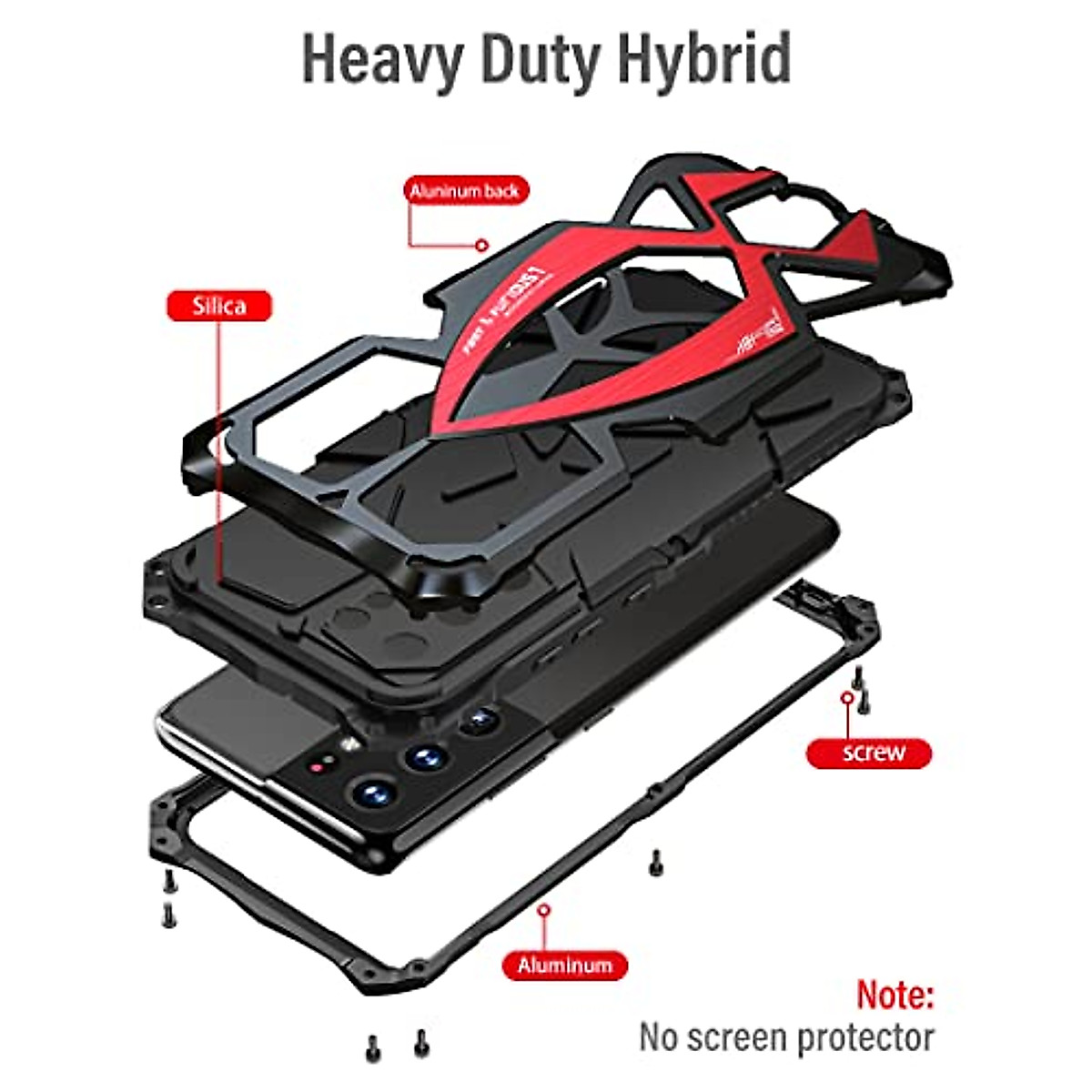 KumWum Armor Phone Case for Samsung Galaxy S21 Ultra Military Grade Drop Protection Cover S21Ultra 5G Heavy Duty Hybrid Metal Bumper Built-in Silicone Shockproof Dustproof - Black + Red