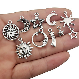 100g(80pcs) Craft Supplies Mixed Antique Silver Sun Moon Stars Charms Pendants for Crafting, Jewelry Findings Making Accessory for DIY Necklace Bracelet (M250)