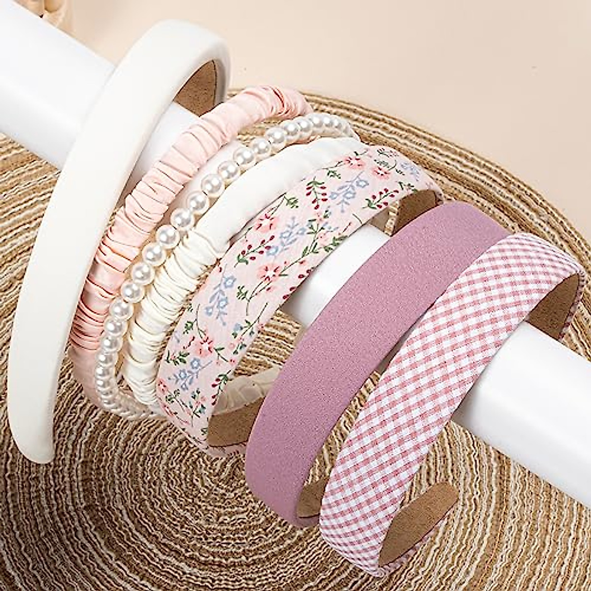 7pcs Fashion Headbands for Women, Wide Floral Headbands for Girls, Pearl Headband Non Slip Head Bands for Women's Hair Accessories (Pink)