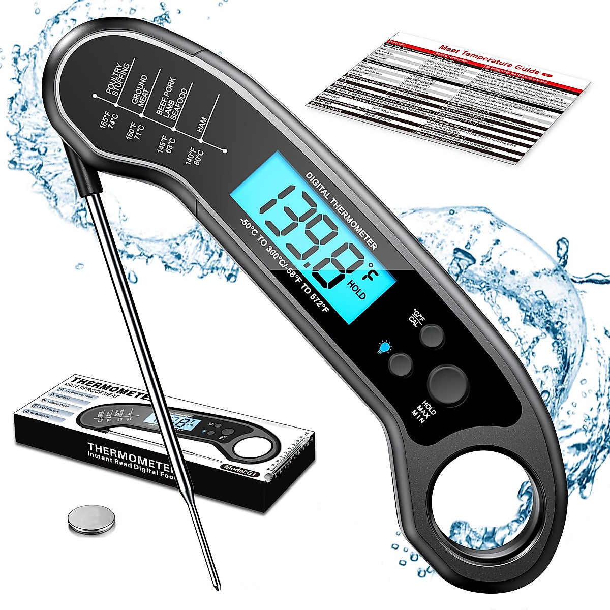 Instant Read Meat Thermometer for Cooking, Fast & Precise Digital Food Thermometer with Backlight, Magnet, Calibration, and Foldable Probe for Deep Fry, BBQ, Grill, and Roast Turkey