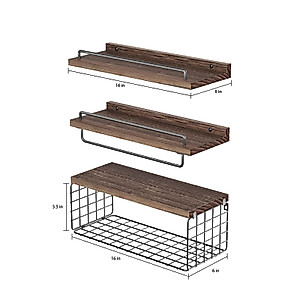 RYOFOBETTO Bathroom Shelves, Floating Shelves Over Toilet Paper Holder, Wall Mounted Rustic Wood Storage Basket Shelves for Bedroom, Living Room & Kitchen, Set of 3 (Brown)