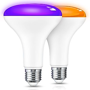 L LOHAS LED Orange and Purple Halloween Light Bulbs, LED BR30 Flood Light Bulbs Indoor 65W Equivalent, 11W Halloween Colored Indoor Porch Light E26 Base, Non-Dimmable, for Party Holiday Decor, 2 Pack