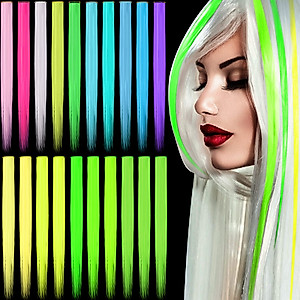 20 Pcs Glow in the Dark Hair Extensions Clip Luminous Colored Hairpieces Party Rainbow Hair Clips Synthetic Neon Fake Hair Clips Hair Accessories for DIY Women Kids Girls, 10 Color (Straight Hair)