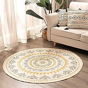Poowe Round Cotton Rug Woven Tassel Throw Rug Washable Area Rug for Living Room Bedroom Kitchen Bathroom (Yellow)