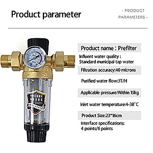 Reusable Spin Down Sediment Water Filter,Copper Pre - Filter with Meter Whole House Front Water Purifier Household - Backwash, Tap Water Stainless Steel Mesh 40 Micron Fine Filter