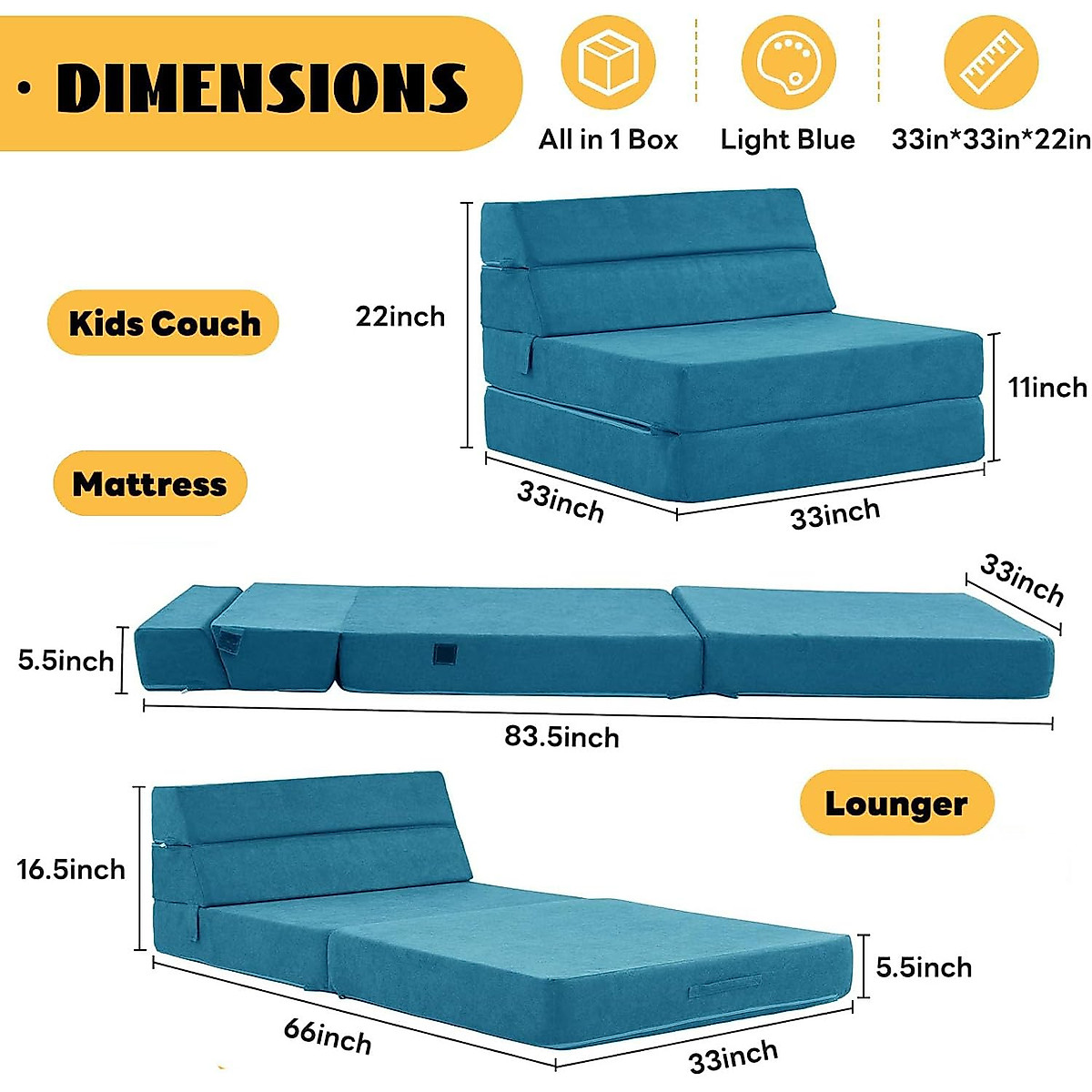 jela Sofa Bed Foldable Mattress Luxury Miss Fabric, Folding Sleeper Sofa Chair Bed Floor Mattress Floor Couch, Fold Out Couch Futon Mattress for Guest Room, Living Room (83"x33",Lightblue)